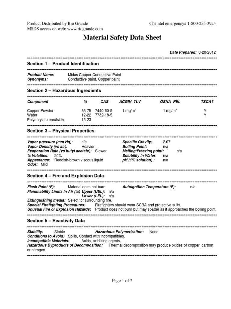 Midas Copper Conductive Paint MSDS | PDF | Personal Protective ...
