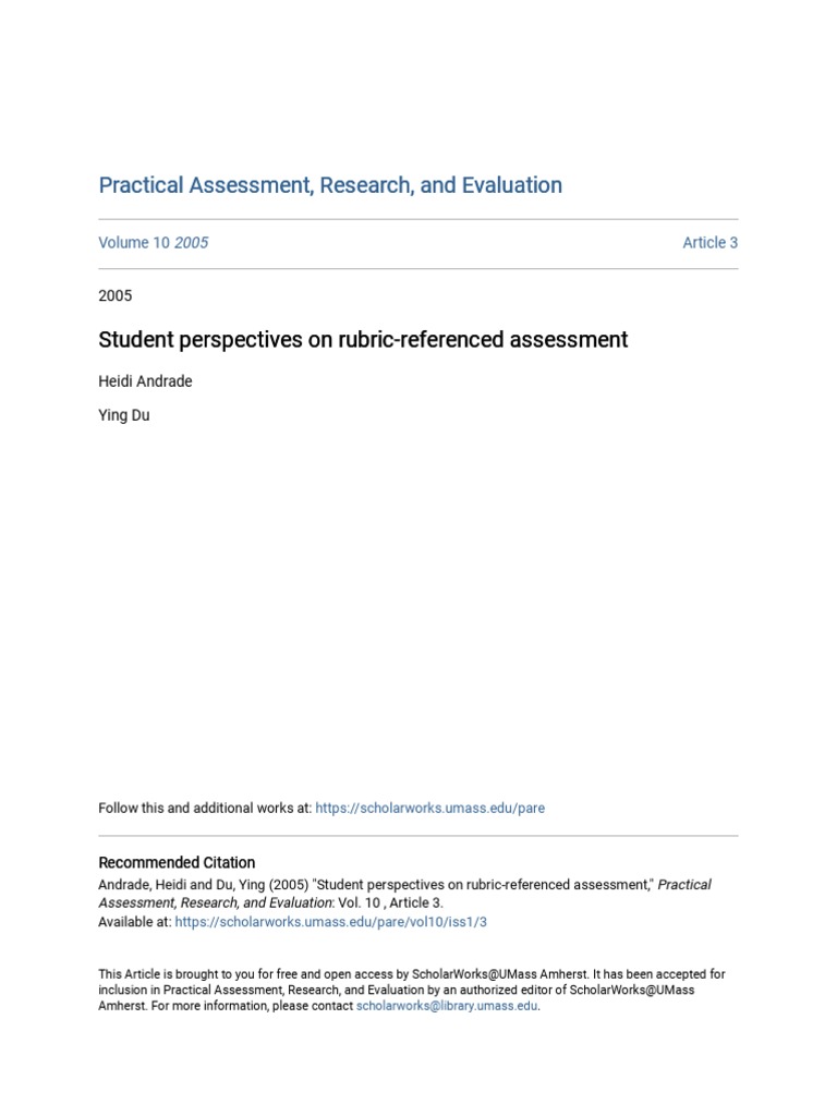 Student Perspectives On Rubric-Referenced Assessment | PDF | Rubric ...