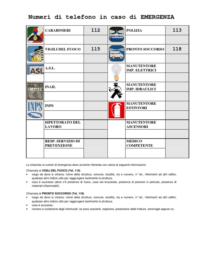 Elenco Numeri Telefono Emergenza - Fac Simile | PDF