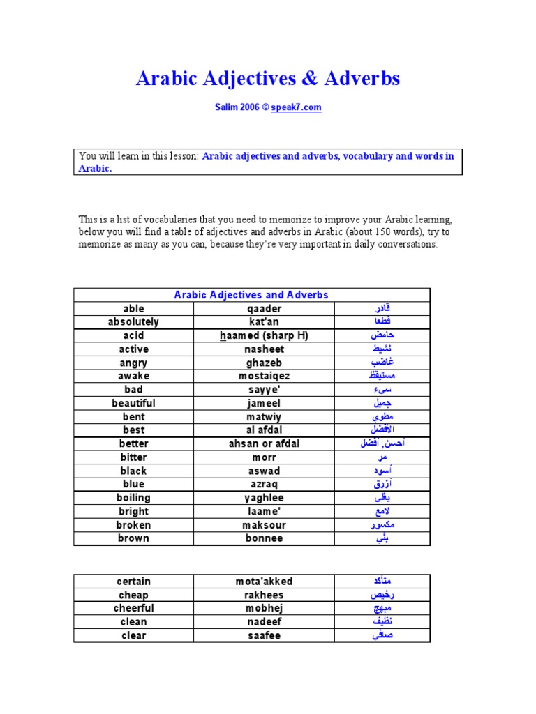 Arabic Adjectives and Adverbs, Vocabulary and Words in Arabic | PDF ...
