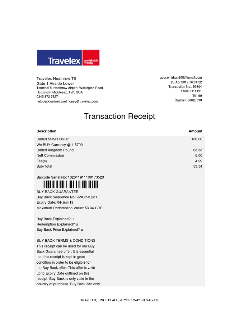 Yreceipt Travelex Heathrow T5 Gate 1 Airside Lower 20 Apr 2019 | PDF ...