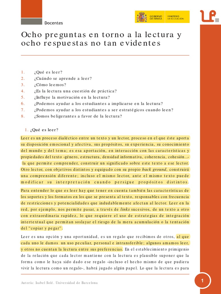 Solé, I. (2010) - Ocho Preguntas en Torno A La Lectura y Ocho ...