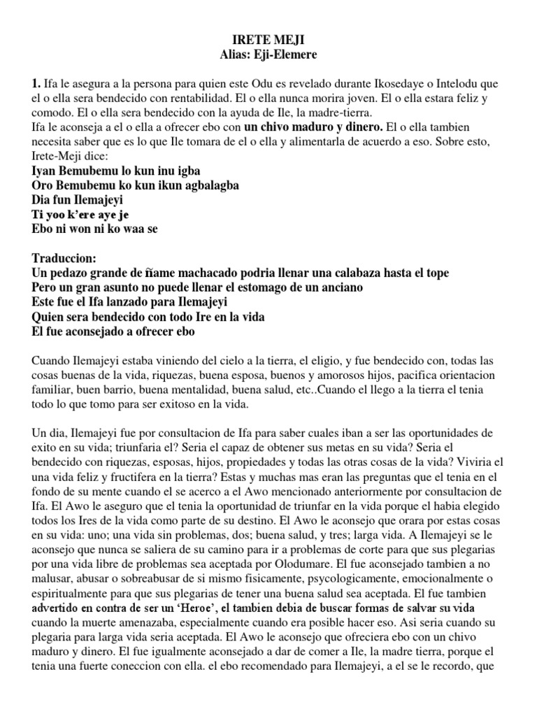 Odu Irete Meji Nigeriano | PDF | Santeria | Religión y creencia