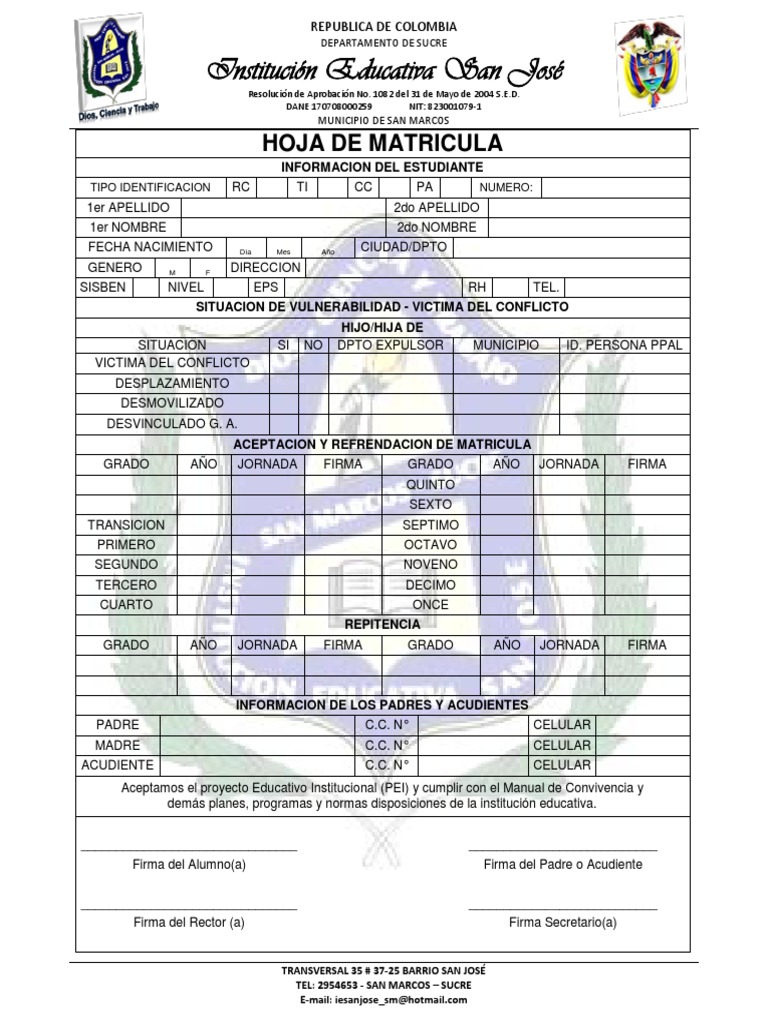 Hoja de Matricula Actualizada | PDF