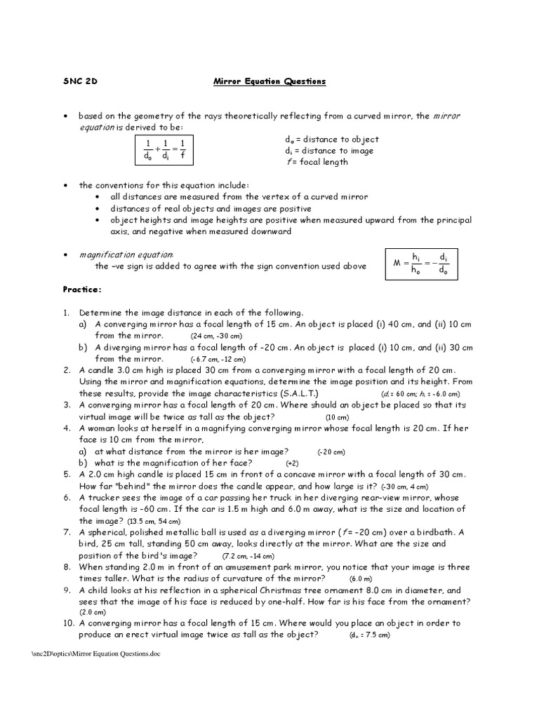 Mirror Equation Practice Problems | PDF | Atomic | Applied And ...