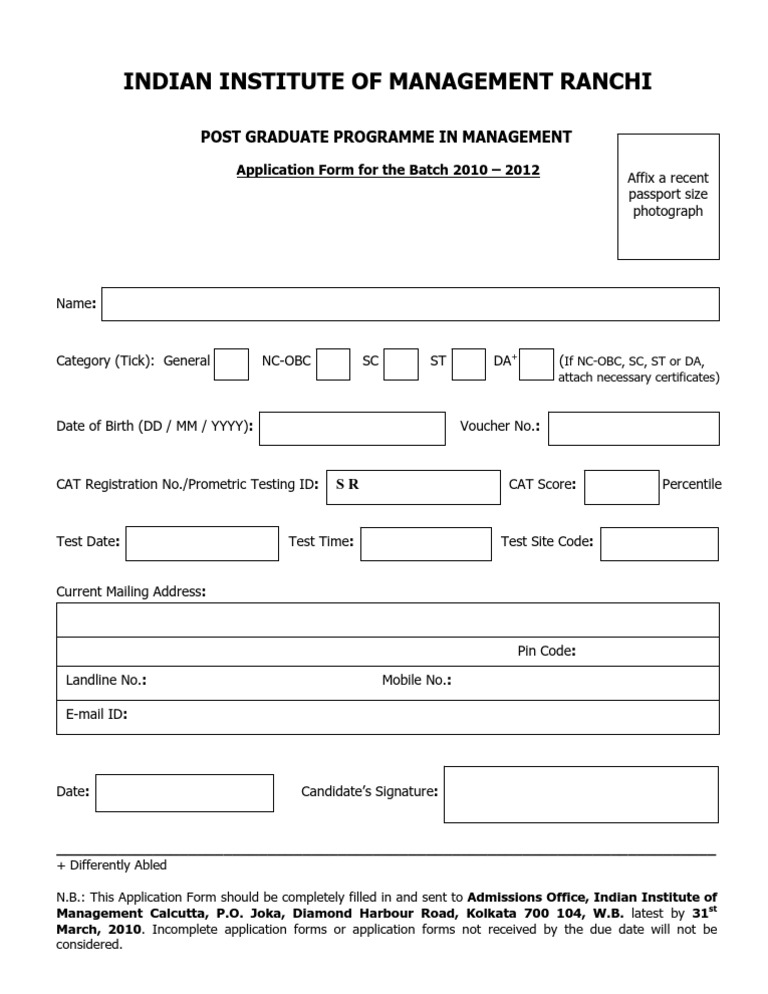 IIM Ranchi Application Form Details | PDF