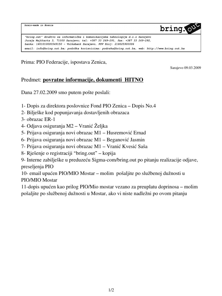 Pio Zenica Zahtjev Feedback | PDF