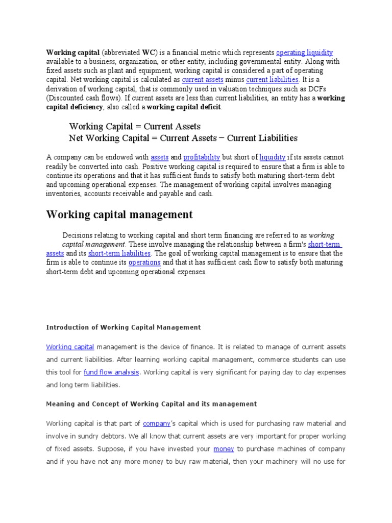 Working Capital Management: Working Capital Current Assets Net Working ...