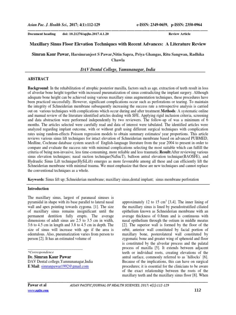 20 Maxillary Sinus Floor Elevation Techniques With Recent Advances A Literature Review | PDF ...