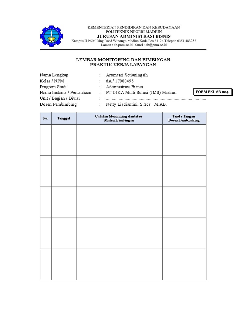 Lembar Monitoring PKL Administrasi Bisnis | PDF