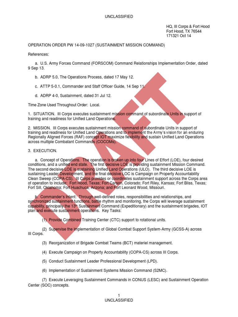 Opord PW 14-09-1027 (Sustainment Mission Command) | PDF | Corps ...