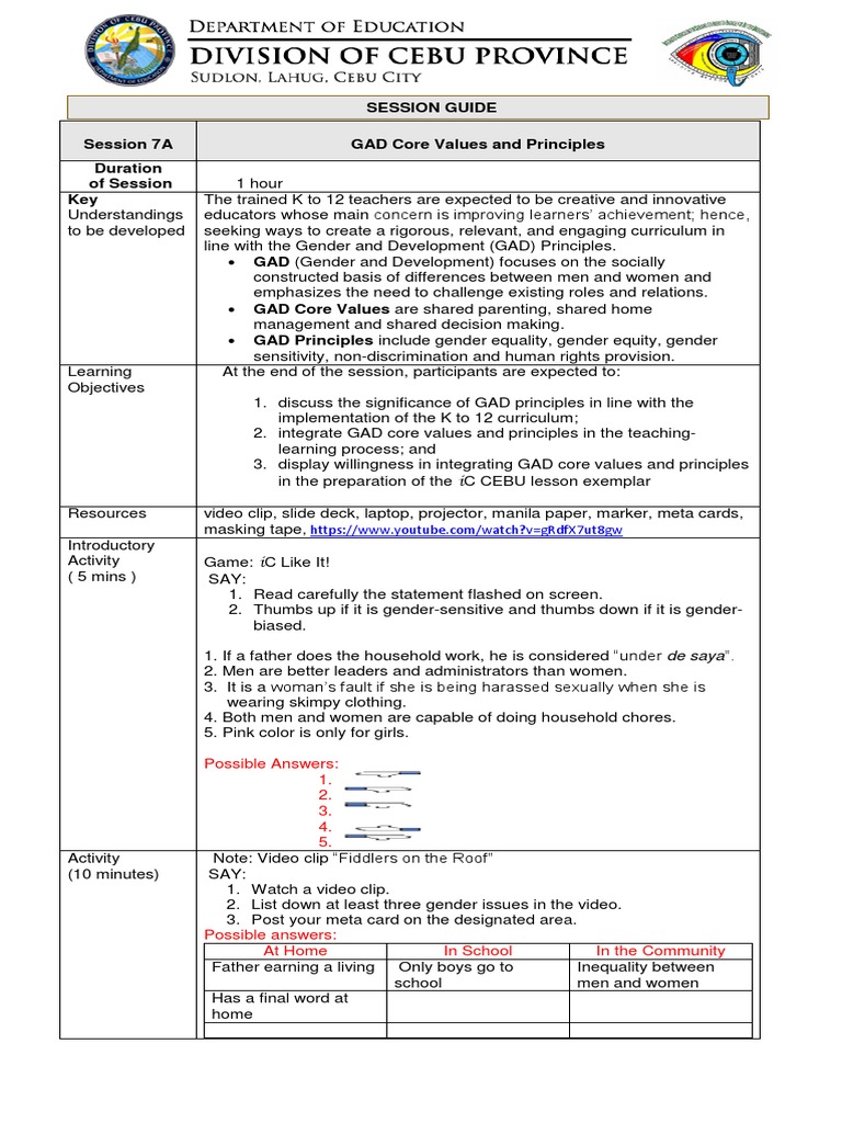 GAD Core Values and Principles Session Guide | PDF | Gender And ...
