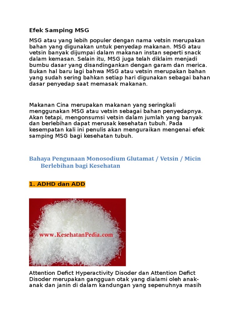 Bahaya MSG bagi Kesehatan Anak dan Dewasa | PDF