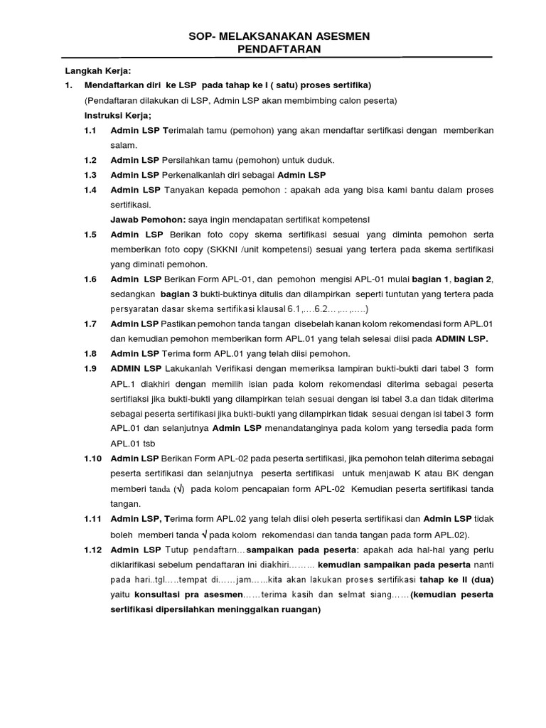 SOP Pendaftaran Sertifikasi LSP | PDF