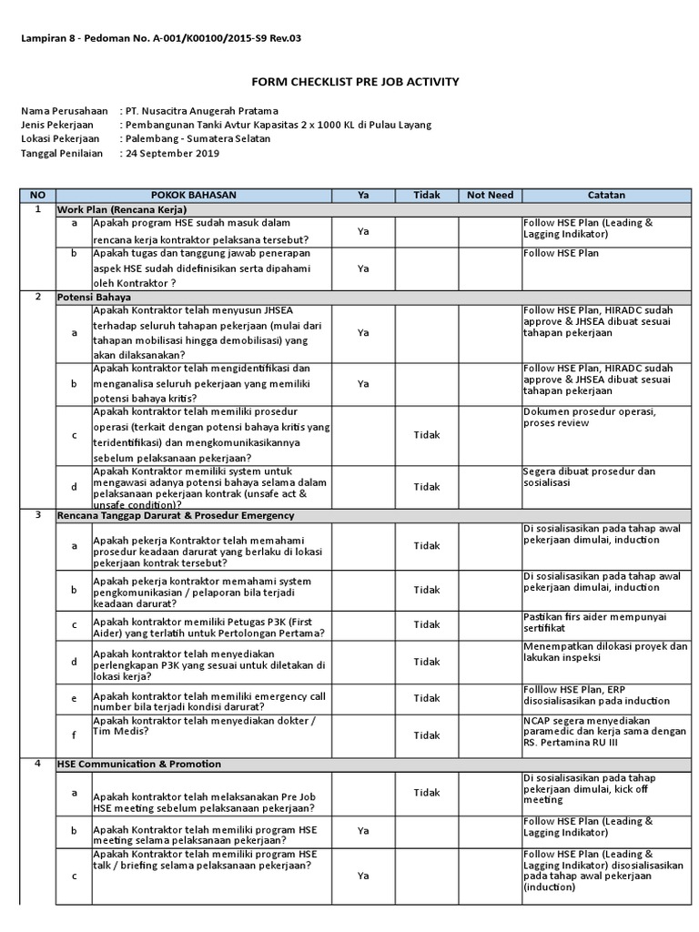 Pre Job Activity (PJA) Pertamina | PDF