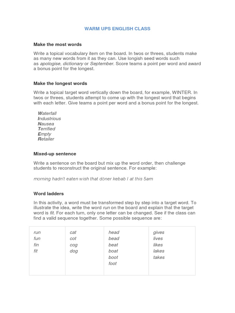 Warm Ups English Class | Download Free PDF | Syntax | Linguistic Morphology