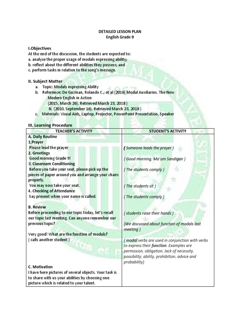 Detailed Lesson Plan in English 9 | PDF | Lesson Plan | Verb