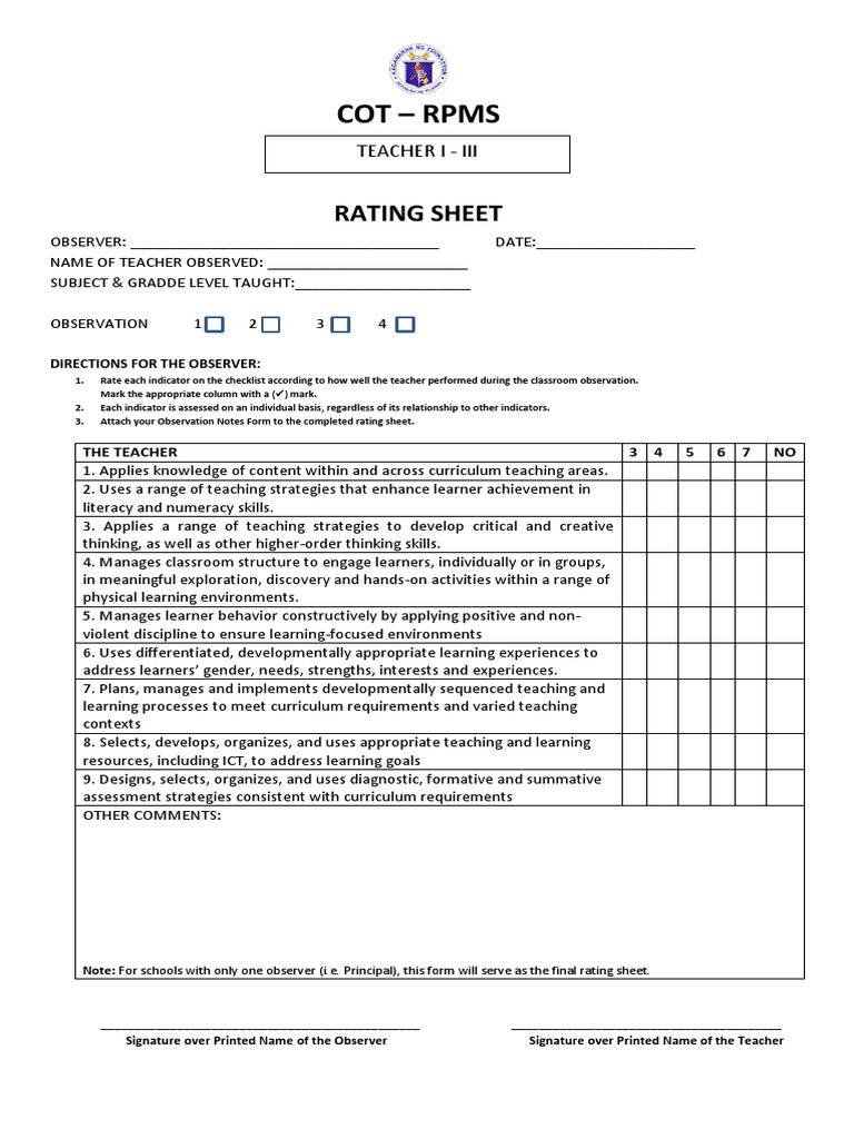 COT Rating Sheet for Teachers T1-T3 | PDF | Curriculum | Learning