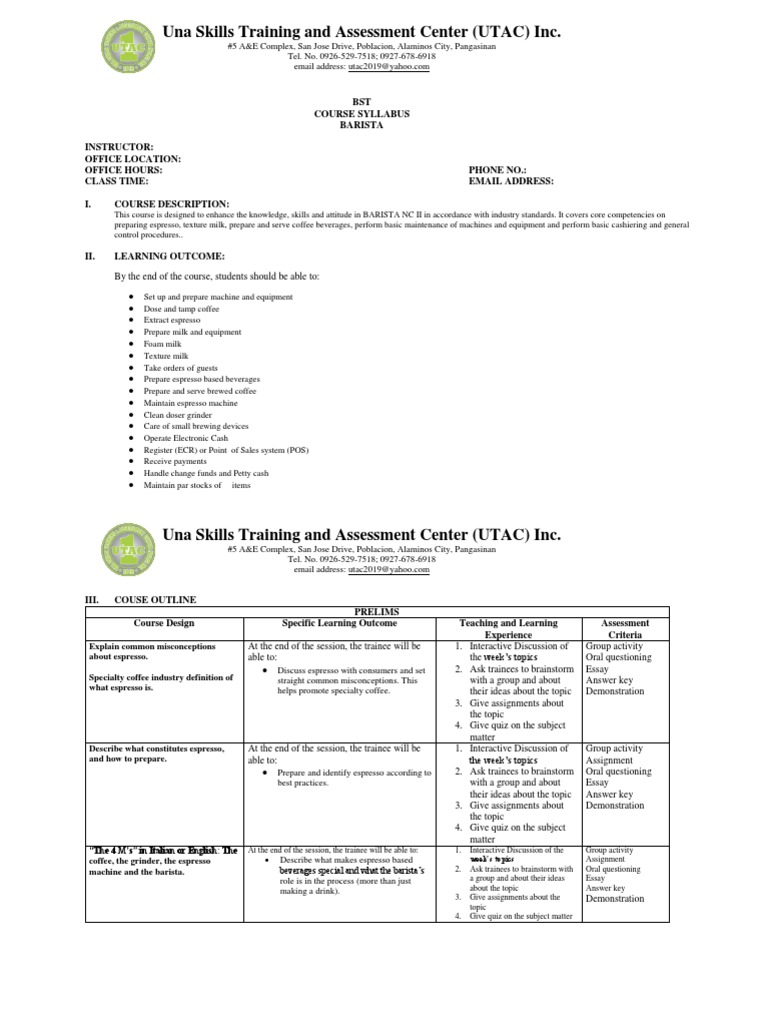 Barista Course Syllabus | PDF | Brainstorming | Coffee