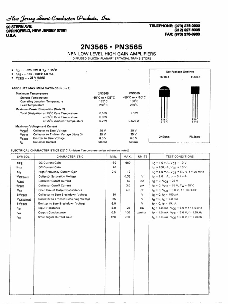 PN3565 Transistor NPN | PDF | Bipolar Junction Transistor | Electrical ...