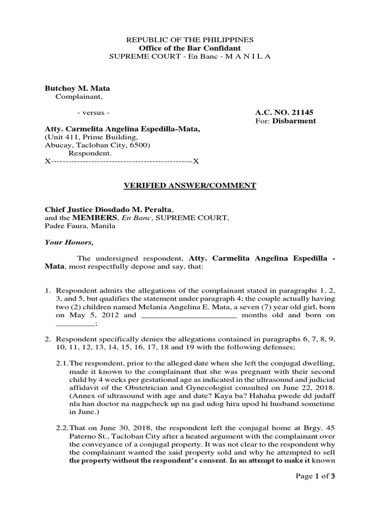 Respondent's Verified Answer to Complaint for Disbarment: Denying ...