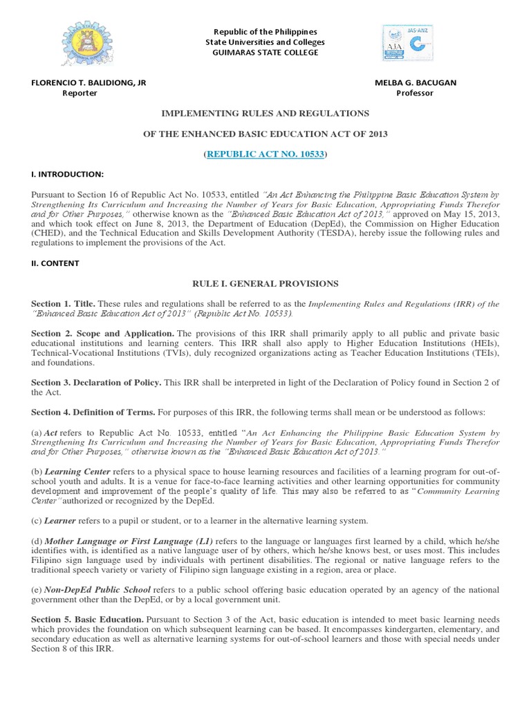 Ra 10533 | PDF | Curriculum | State School