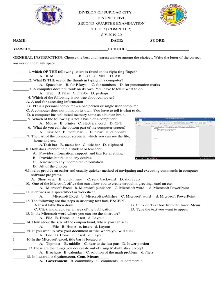 T.L.E. 4TH Quarter Exam..computer 2018-19 | PDF | Personal Computers ...