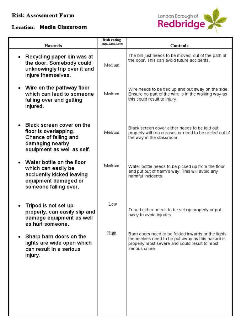 Risk Assessment Form: Location: Media Classroom | PDF