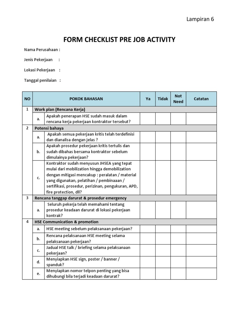 Check List Pre Job Activity | PDF