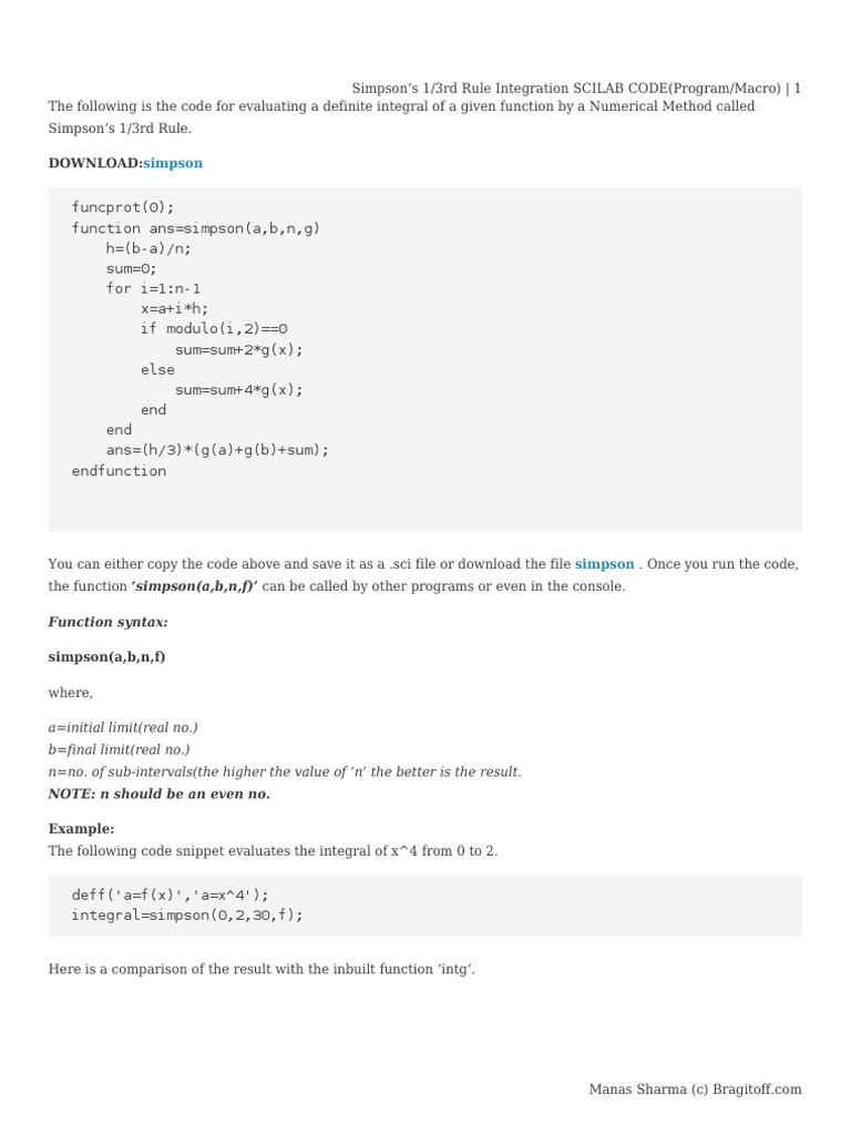 Simpson’ S 1 - 3rd Rule Integration SCILAB CODE (Program - Macro) | PDF ...
