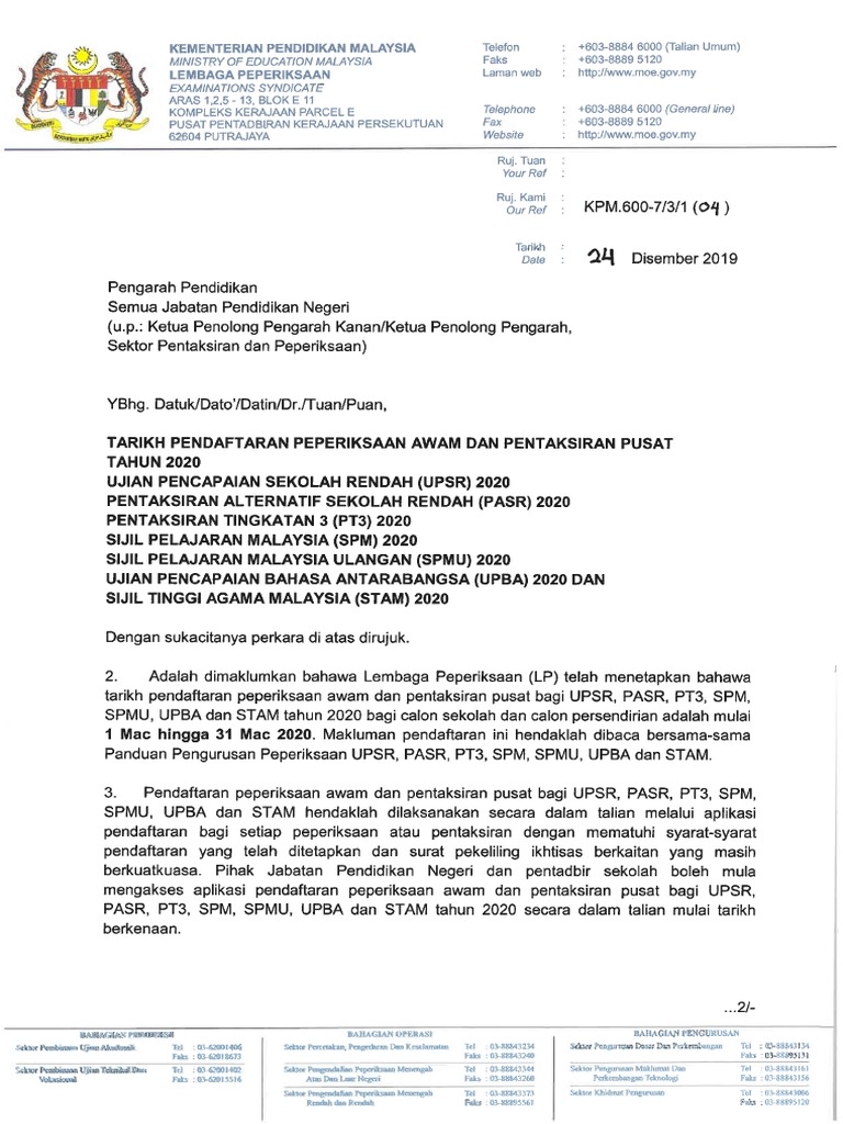 Tarikh Pendaftaran Peperiksaan Dan Pentaksiran LP 2020 PDF | PDF