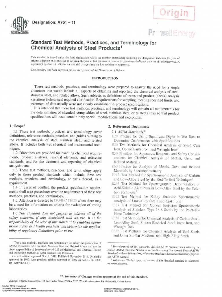ASTM A751-11 - Standard Test Methode Practices and Terminology For ...