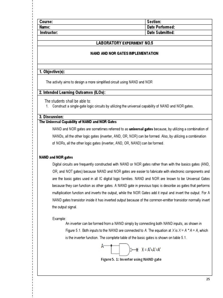 LABORATORY EXPERIMENT 05 NAND Implementation | PDF | Logic Gate ...