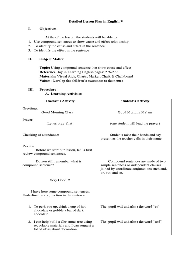 Detailed Lesson Plan in English V | PDF | Sentence (Linguistics)