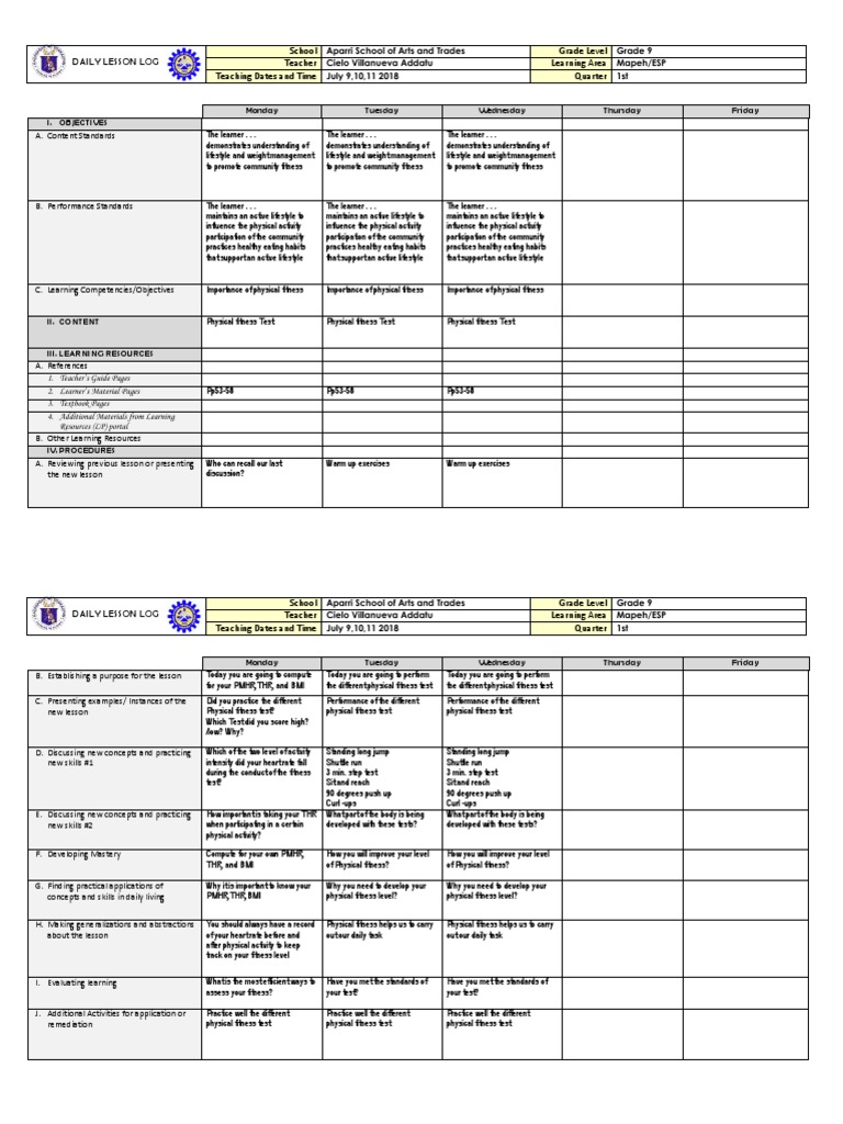 NEW DLL 1st 6 - 2018 | PDF | Physical Fitness | Test (Assessment)