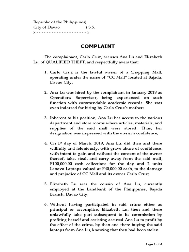 Complaint Affidavit for Qualified Theft | PDF | Affidavit | Government