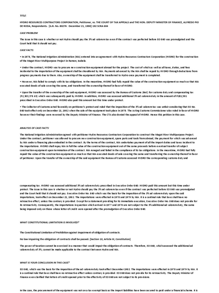 Hydro V NIA Case Analysis | PDF | Ex Post Facto Law | Ad Valorem Tax