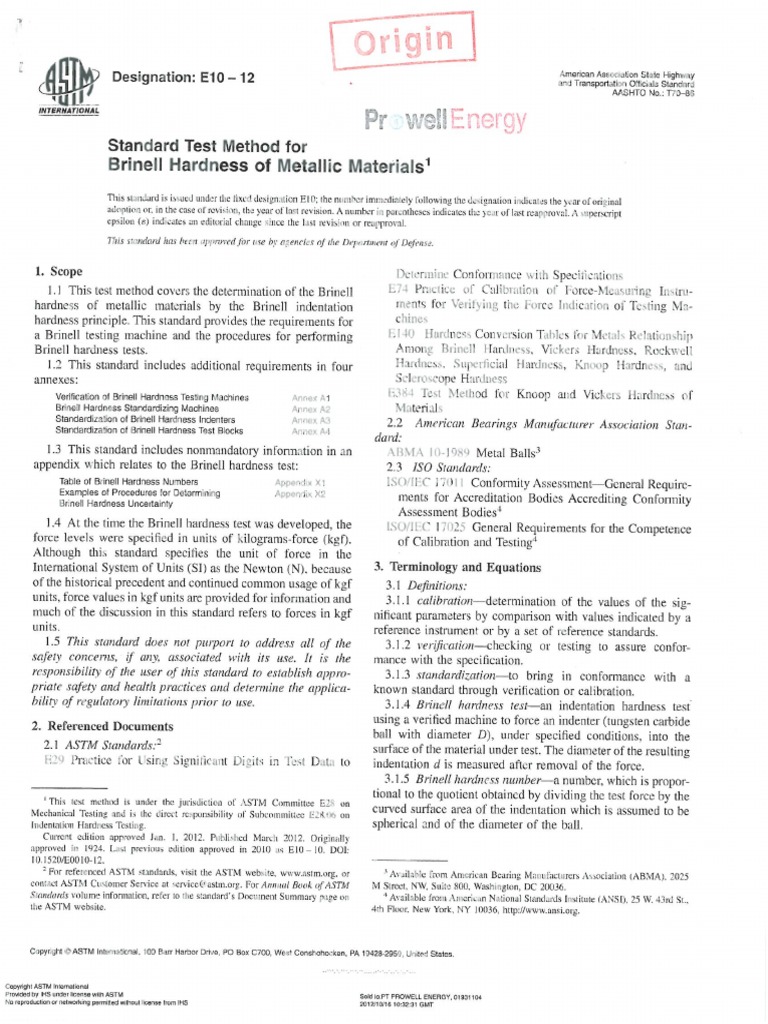 ASTM E10-12 - Standard Test Methodes For Brinell Hardness of Metalic ...