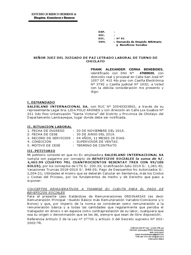 Demanda de Beneficios Sociales | PDF | Salario | Derecho laboral
