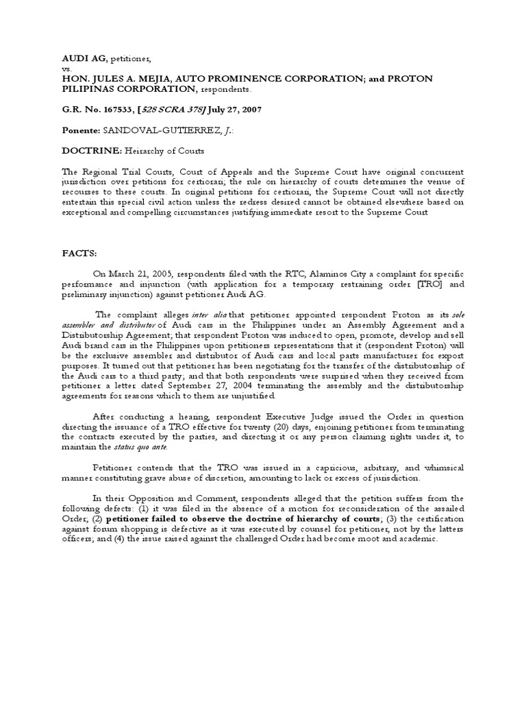 Audi AG Vs Mejia - RemRev Case Digest | PDF | Injunction | Lawsuit