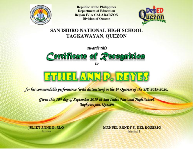 Certificate of Recognition For The 1st Quarter | PDF