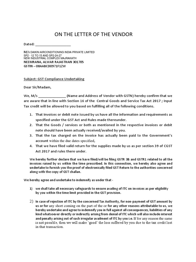 Undertaking-GST Compliant - Revised | PDF | Invoice | Indemnity