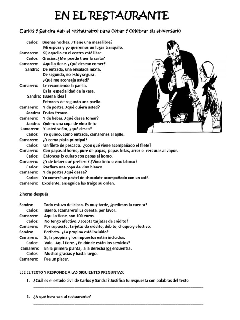 En El Restaurante - Comprensión de Lectura 1 | PDF | Vino | Cocina