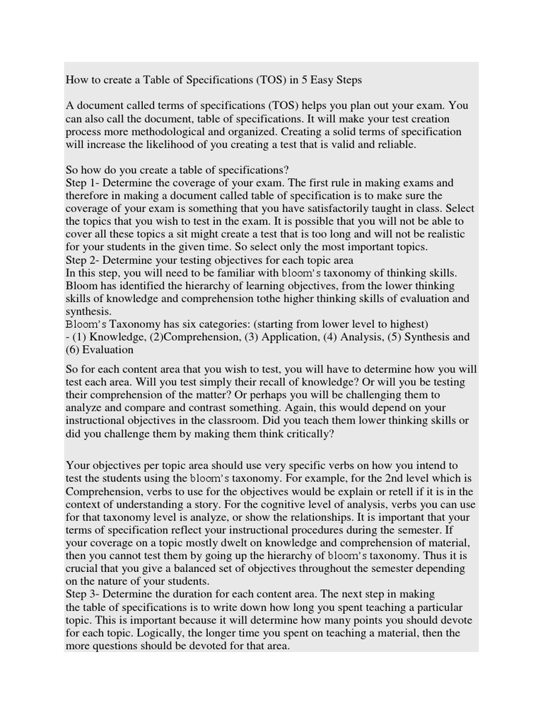 How To Create A Table of Specifications | PDF | Multiple Choice | Test ...