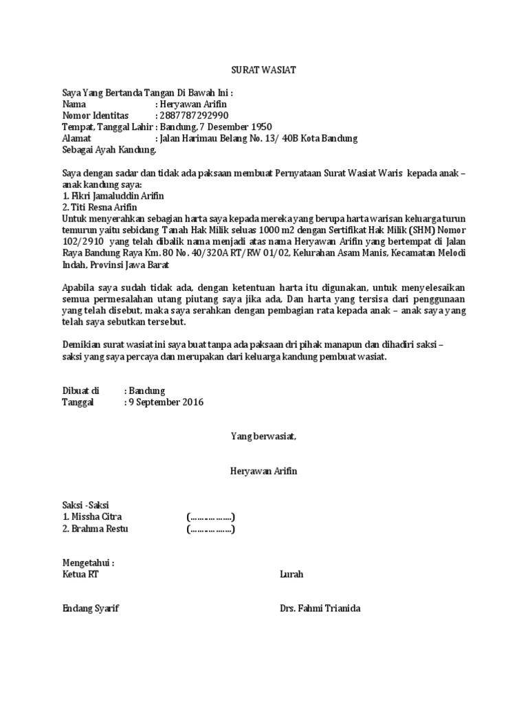 Contoh Surat Wasiat Warisan Tanah | PDF