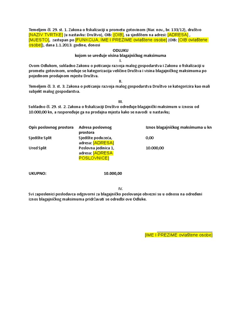 Primjer Odluke o Blagajnickom Maksimumu | PDF