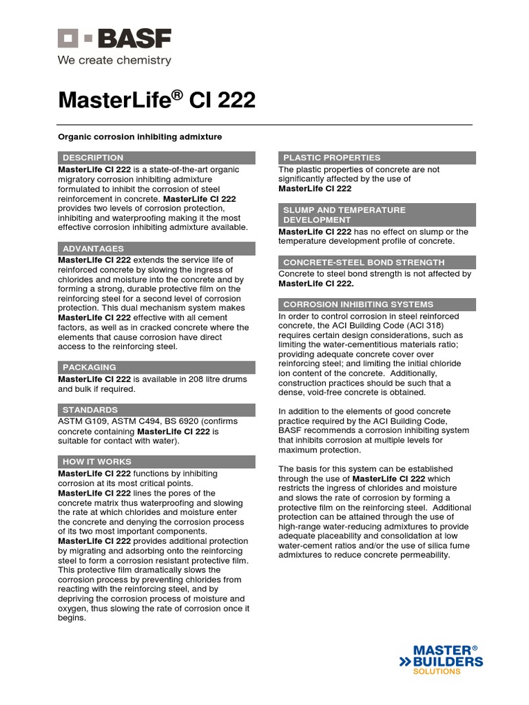 Basf Masterlife Ci 222 Tds | PDF | Corrosion | Concrete
