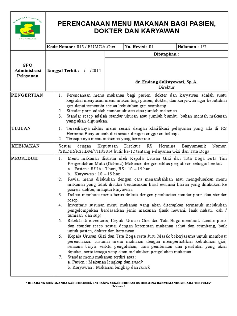 Perencanaan Menu Makanan Bagi Pasien, Dokter Dan Karyawan | PDF