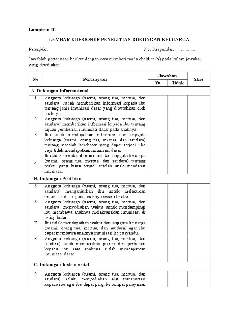 Lampiran 10 Kuesioner Dukungan Keluarga Imunisasi | PDF