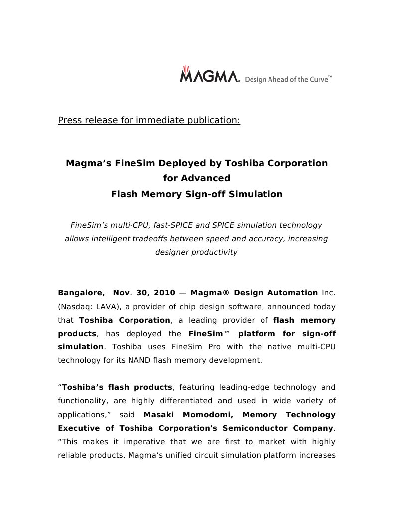 Magma's FineSim Deployed by Toshiba Corporation For Advanced | PDF ...